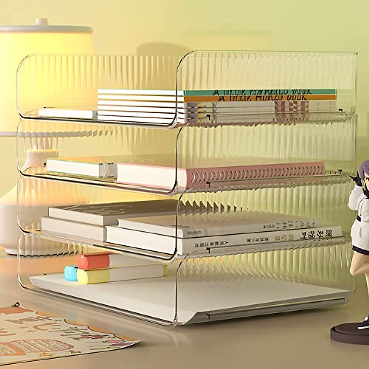 Wemfg File Organizer, Clear Stackable Desk Organizers and Accessories Tray Set, PET Letter Tray Paper Tray, A4 Size Office Desktop File Paper Holder Book Storage Rack (4 Pack x Landscape)