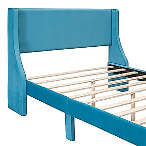 Full Size Platform Bed with a Big Drawer for Bedroom, Velvet Upholstered Storage Bed, No Box Spring Needed, Blue