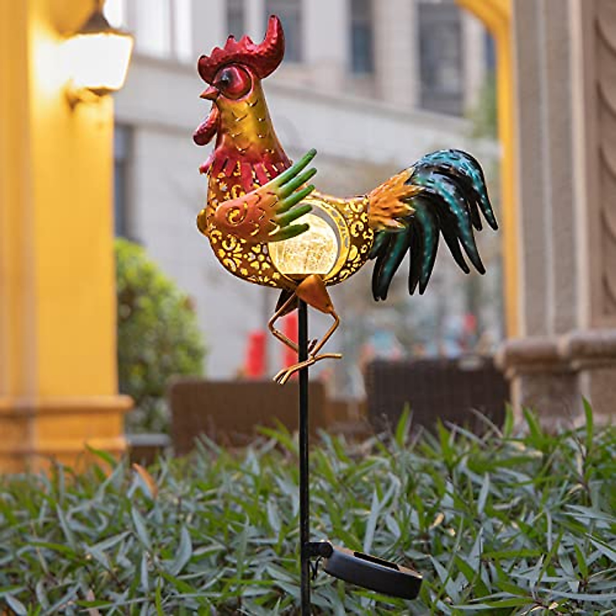 Tryme Solar Lights Outdoor Decorative Rooster Garden Decor Chicken Crackle Glass Globe Stake Lights Waterproof Warm White LED Yard Decor for Pathway Lawn Patio Courtyard Backyard