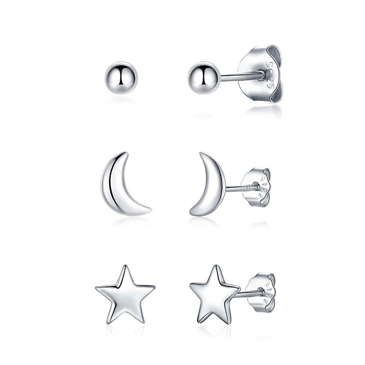 Bestwick Silver Stud Earrings for Women Girls Teenage, 3 Pairs 925 Sterling Silver Cute Round Ball Star Moon Stud Earrings, Hypoallergenic Small Cartilage Tragus Studs Earrings Set