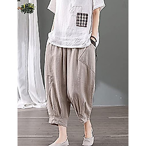 Minibee Women's Cropped Harem Pants Elastic Waist Pull On Wide Leg Trousers with Pockets Linen XL