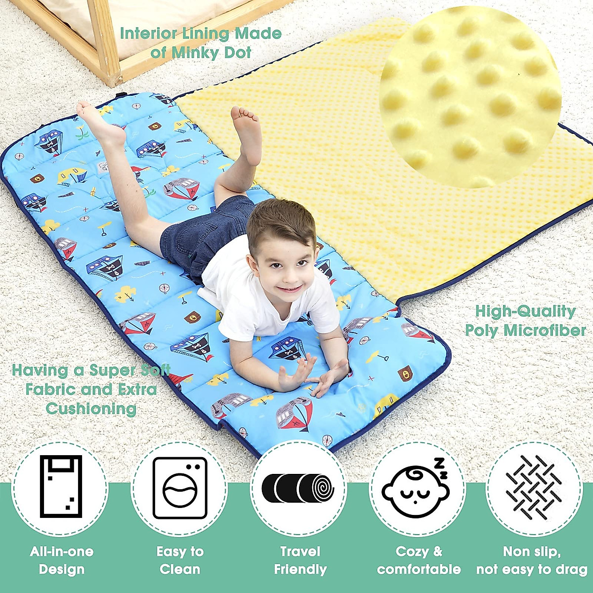 ACRABROS Toddler Nap Mat with Pillow and Blanket, Extra Large Rolled Napping Mats,Slumber Bags for Boys Girls,Kids Sleeping Bag for Daycare, Preschool Travel Camping, Pirate Ship