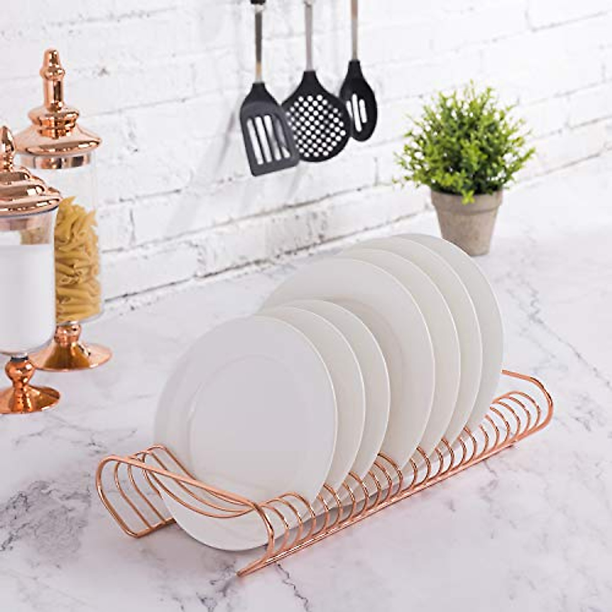 MyGift Rose Gold-Tone Metal Dinner Plate Storage Rack Organizer and Drying Rack, Holds up to 21 Dinner, Salad, and Dessert Round Plates - Made in Taiwan