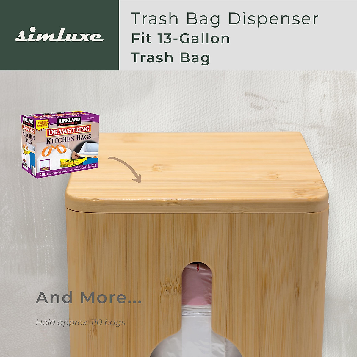Simluxe Extra Large Trash Bag Dispenser – Trash Bag Holder Dispenser for Garbage Bag Roll, Under Sink Waste Bin Bags Organizer, Wall Mounted Storage for Small Spaces, Bamboo Decorative Container