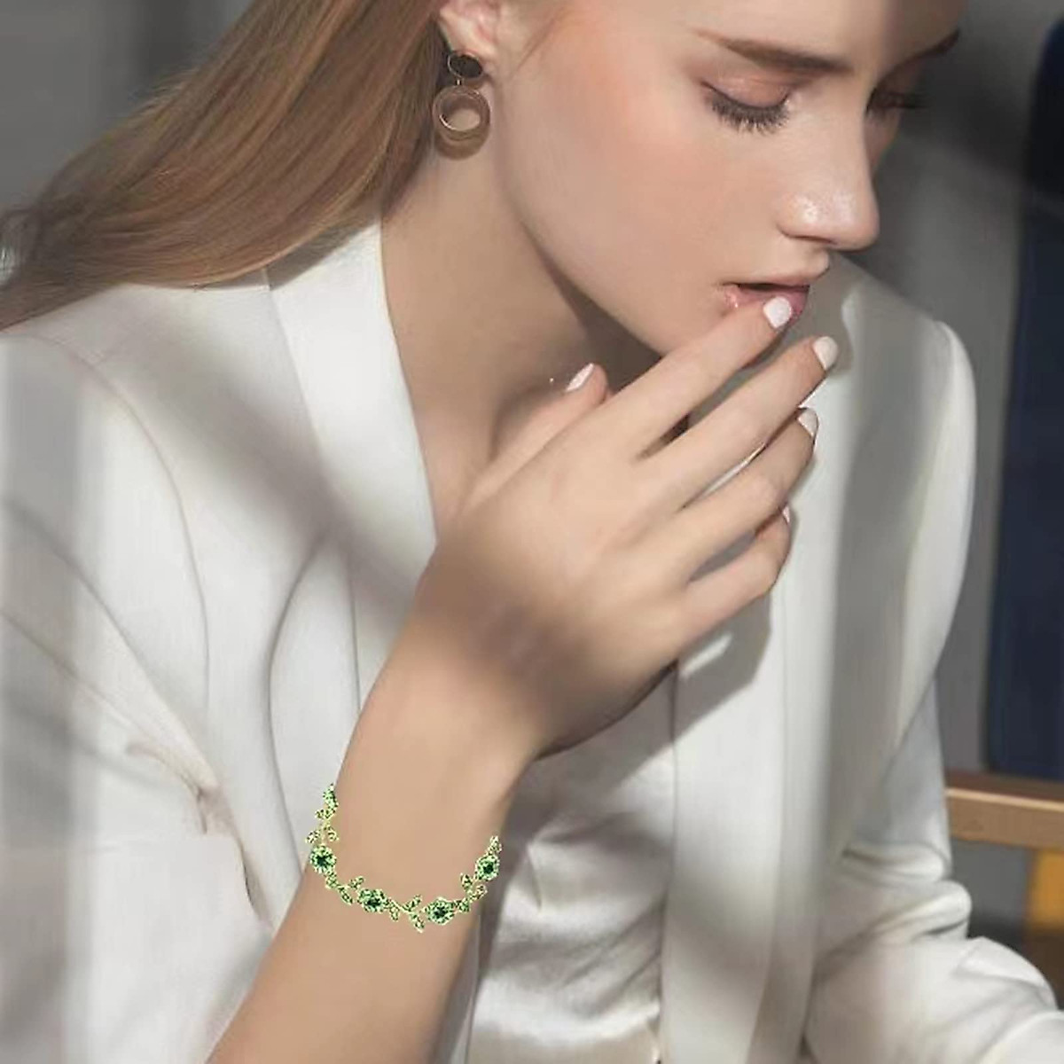 Enrwin Flower Leaf Crystal Pendant Necklace Dangle Earrings Link Bracelet Bride Bridesmaid Jewelry Sets for Women Wedding Party (Emerald-Gold Plated)