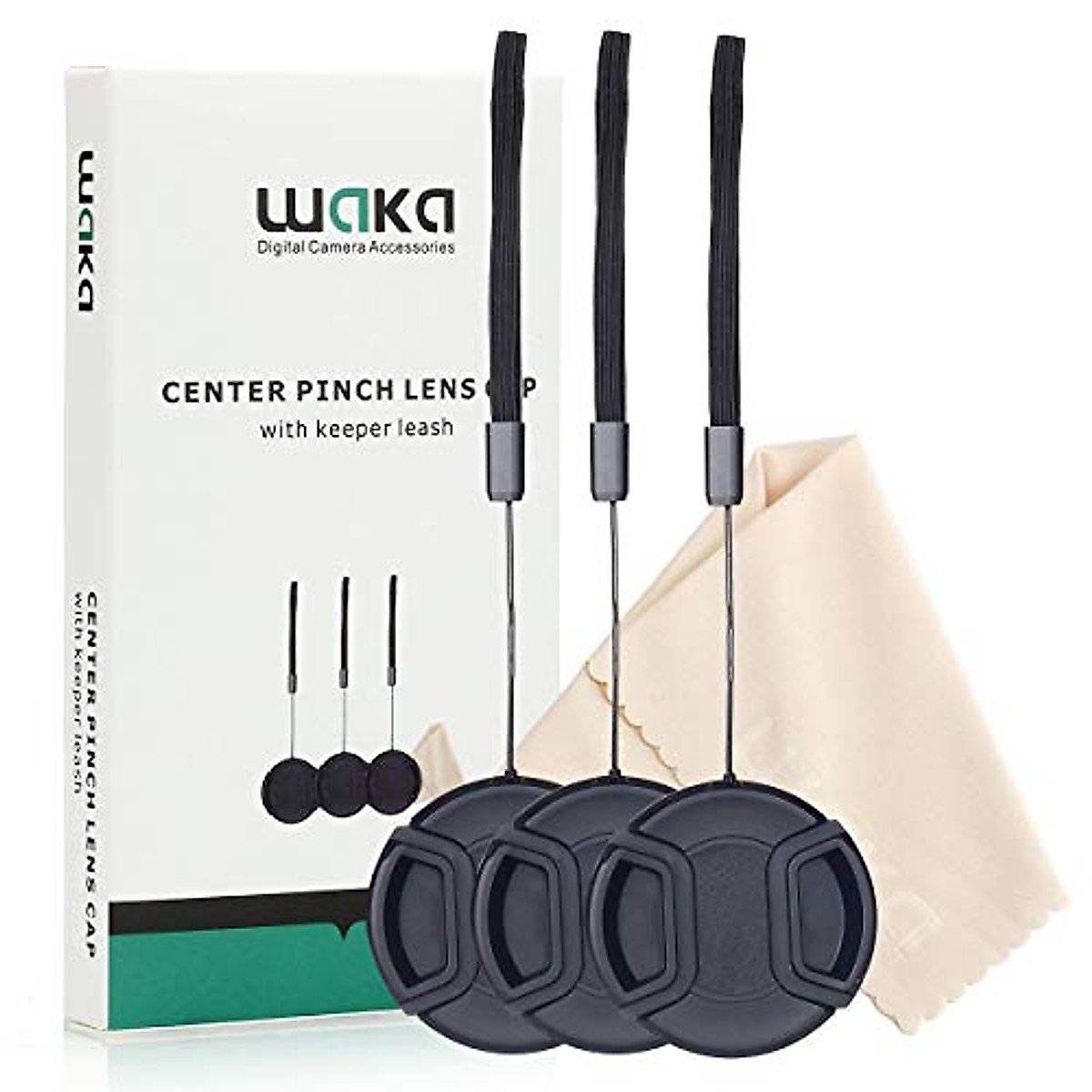 waka Unique Design Lens Cap Bundle, 3 Pcs 52mm Center Pinch Lens Cap and Cap Keeper Leash for Canon Nikon Sony DSLR Camera + Microfiber Cleaning Cloth