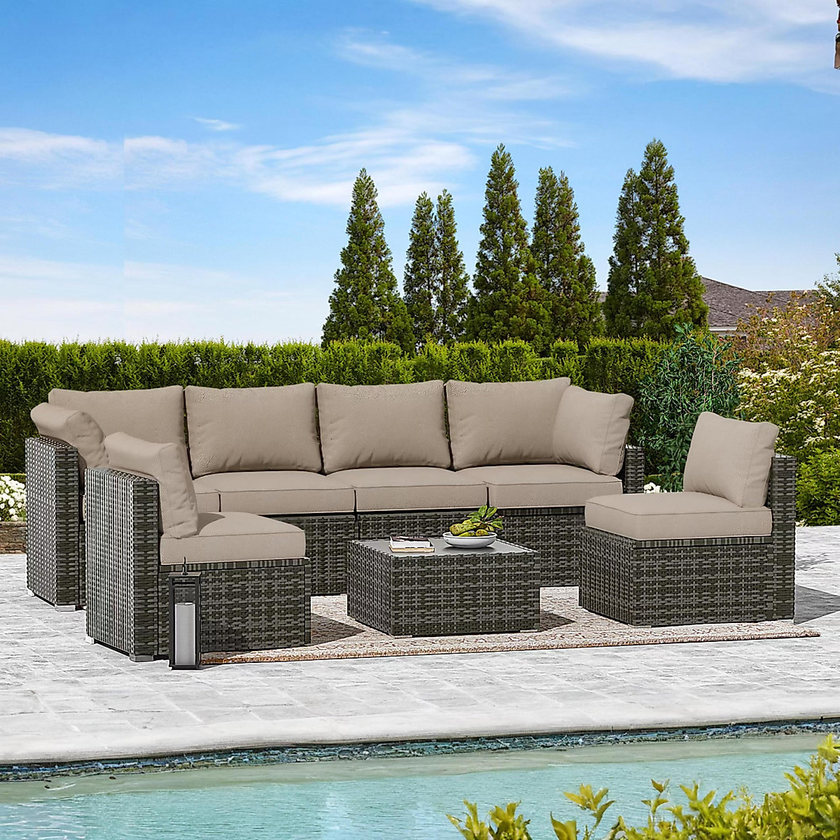 Covered Outdoor Patio Furniture Set, 7 Pieces Patio Furniture Sets with Glass Table, All-Weather PE Wicker Outdoor Couch Sectional Set, Outdoor Furniture Set for Garden/Patio/Ottoman, Grey