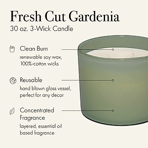 LAFCO New York 3-Wick Candle, Fresh Cut Gardenia - 30 oz - 120-Hour Burn Time - Reusable, Hand Blown Glass Vessel - Made in The USA