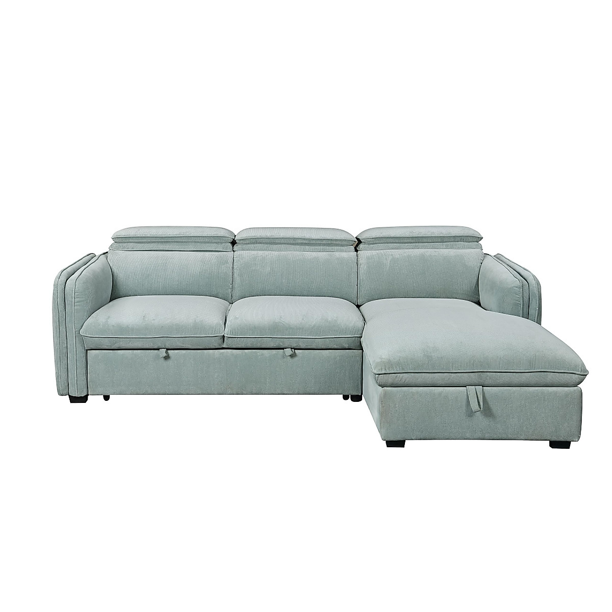 TXFTRR L Shaped Sleeper Sofa - Corduroy Couch Sectional with Pull Out Sleeper and Storage Chaise, Pull Out Bed Couch with Adjustable Headrest, Sleeper Sectional Sofa for Living Room, Light Green