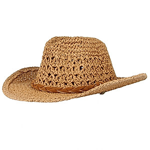 EOZY Women Men Straw Hat Hallow Out Cowboy Cowgirls Sun Hat Braided Paper Western Style Beach Sun Hat with Chin Strap/Khaki