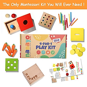 nanayo 4-for-1 Play Kit Includes Object Permanence Box, Montessori Coin Carrot Harvest Game, Matchstick Color Drop Game – Toys for Babies 6-12 Months, 1 Year, 2 Year and 3