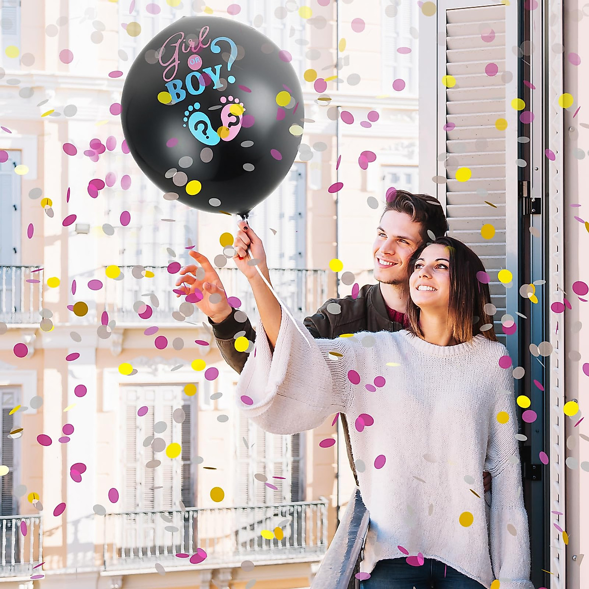 TIESOME 2 Pack Gender Reveal Balloons, 36 Inch Big Black Balloons Boy or Girl Balloon with Pink and Blue Heart-Shaped Confetti for Baby Shower Gender Reveal Party Decorations