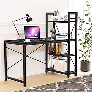 Tangkula Computer Desk with 4 Tier Shelves, Study Writing Table with Storage Bookshelves, Modern Compact Home Office Workstation, 47.5" Tower Desk with Steel Frame & Adjustable Feet Pad, Black