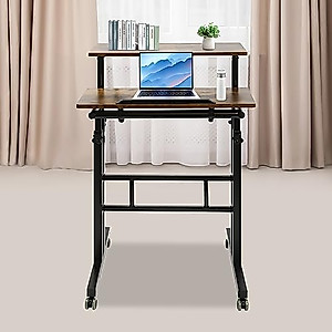 LOHISHILO Mobile Stand Up Desk Adjustable Laptop Desk with Wheels Storage Rolling Table Cart for Standing or Sitting, for Home Office Workstation, Iron-Brown, 27.5-45.3in
