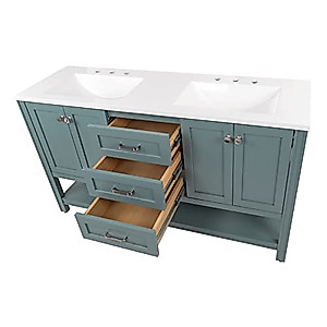 Spring Mill Cabinets Eaton Double Bathroom Vanity with 2 Cabinets, 3 Drawers, Open Shelf, Sink, 60.25" W x 18.75" D x 35.41" H, Sage/White Top