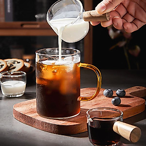 Single Spout Espresso Coffee Shot Glass with Wood Handle Measuring Cup Triple Pitcher Milk Cup Coffee Replacement Carafe for Barista Milk Espresso Making, 75 ml (2 Pieces)