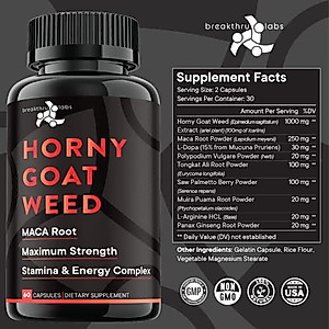 Horny Goat Weed by Breakthru Labs 1000mg Max Strength - Maca Root, Ginseng, Tongkat Ali Root, Saw Palmetto, L-Arginine - USA Made - Stamina and Energy Complex - 2-Pack 120 Count