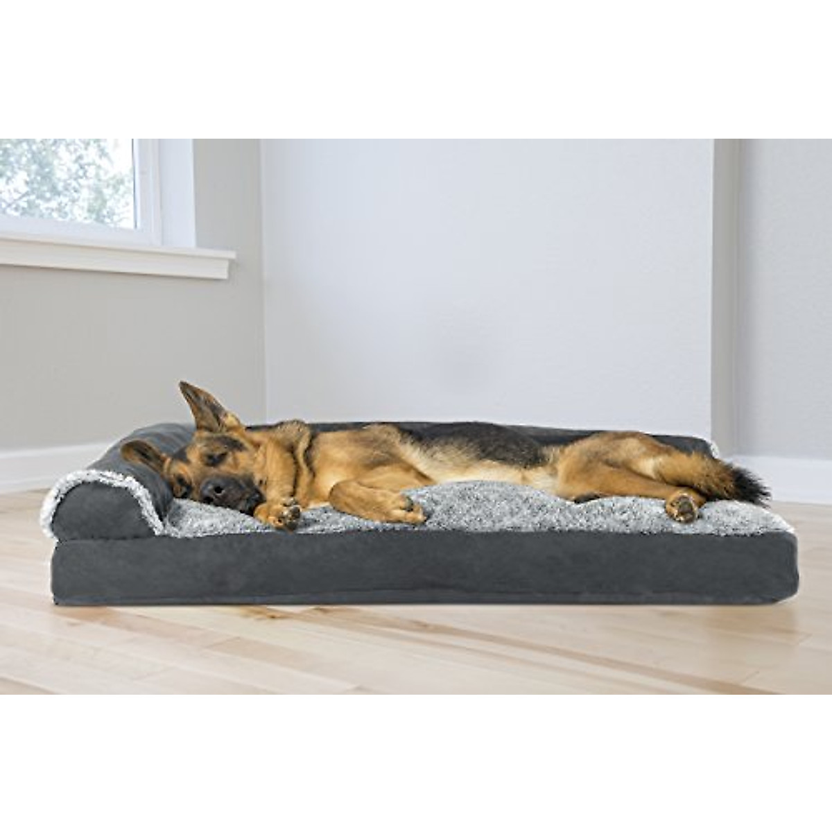 Furhaven XL Pillow Dog Bed Two-Tone Faux Fur & Suede L Shaped Chaise w/ Removable Washable Cover - Stone Gray, Jumbo (X-Large)