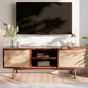 Bme TV Stand with Elegant Curved Shape & Inlaid Rattan, Nancy Solid Wood Tv Stand, Craft to Last Entertainment Center with Smiley Handle & Adjustable Shelf, Mid Century Modern TV Media Console