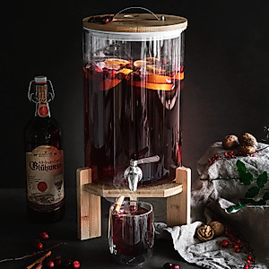 Navaris Beverage Dispenser with Stand - 1.8 Gallon (7L) Glass Drink Dispenser with Spigot, Lid, Wood Stand for Hot or Cold Drinks, Ice Water, Parties