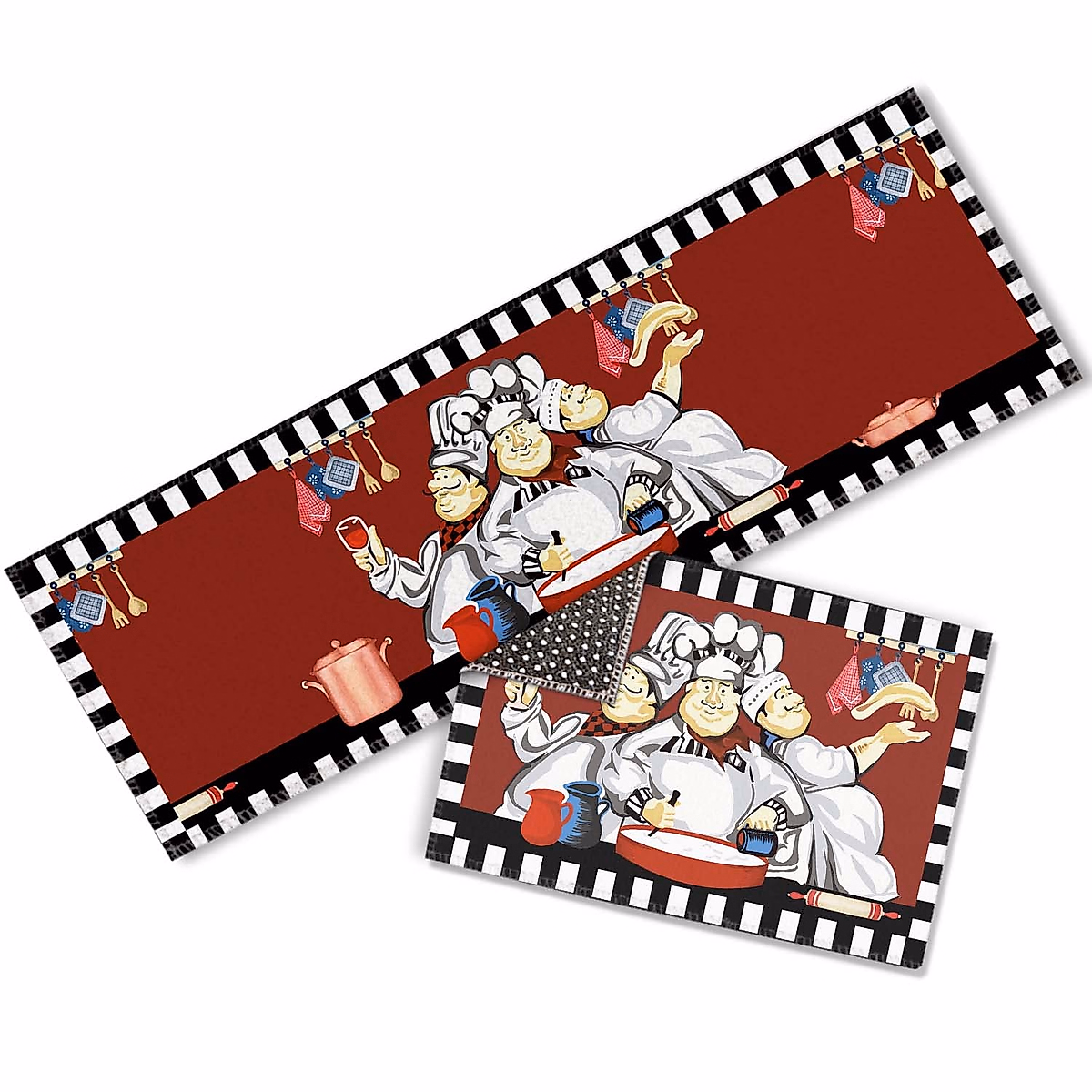PRUKIVRA Kitchen Rugs and Mats,Non Skid Washable,Chef in Red Background,Set of 2,Anti-Fatigue Comfort Standing Mat for Floor, Office, Sink, Laundry(17"x52"+17"x26")
