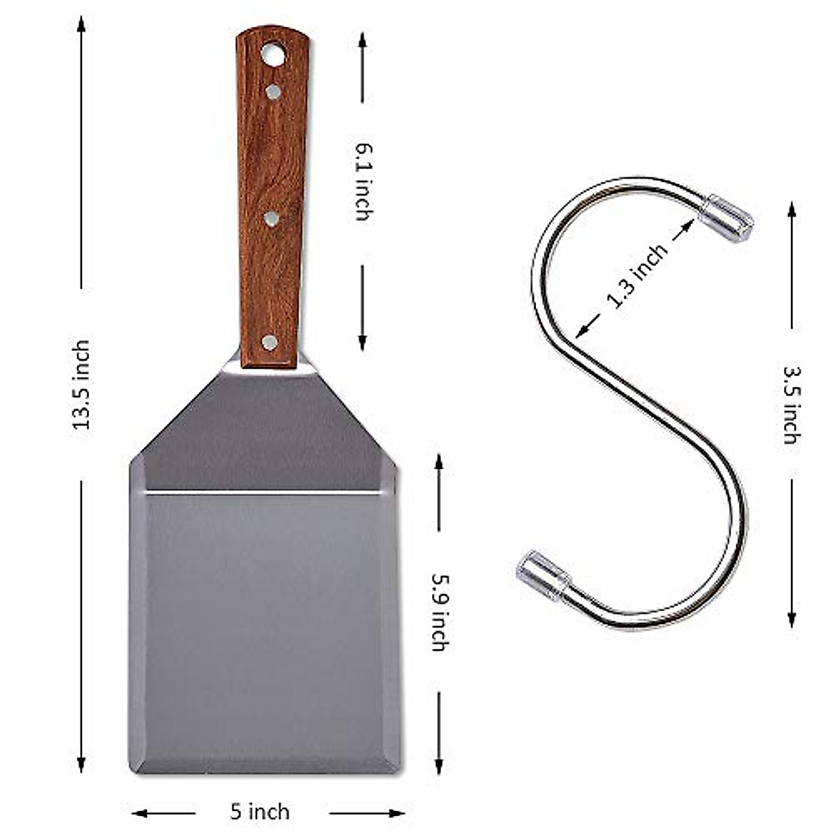 Stainless Steel Griddle Hamburger Spatula with Strong Wooden Handle, 13.5 x 5 inches, Heavy Duty Spatula Turner with A Hook, Great for Pancake Flipper, Fish, Eggs, Burgers, Omelet and More…