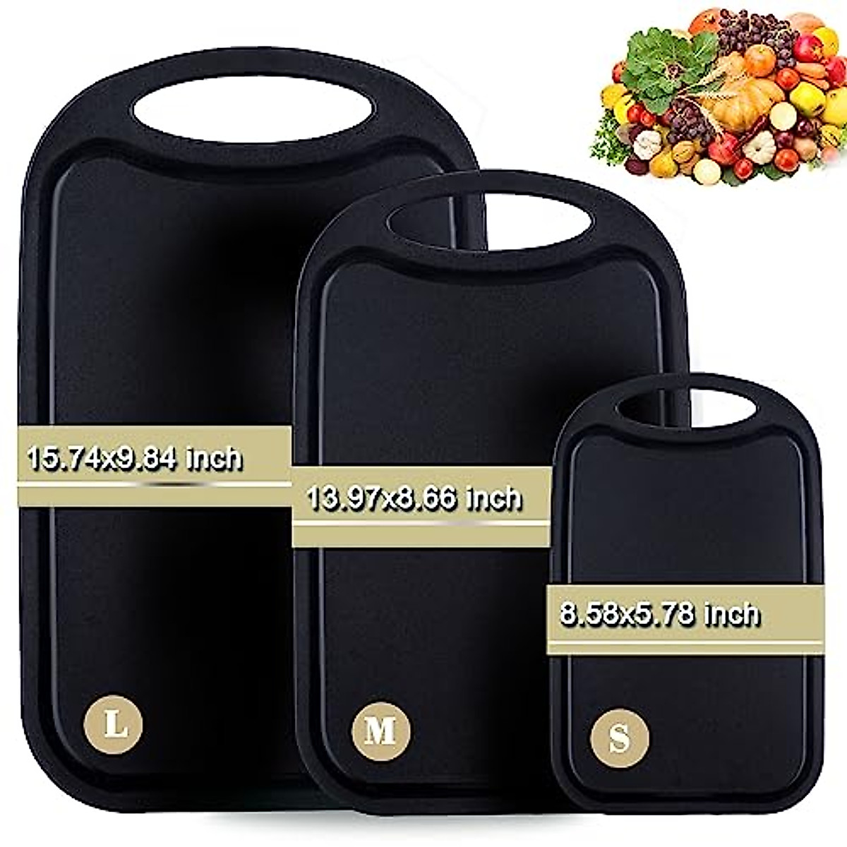 Bestdin Cutting Boards for Kitchen, Black Cutting Board Set for 3, BPA Free Chopping Board, Plastic Cutting Board with Easy Grip Handle, Non-porous Meat Cutting Board, Dishwasher Safe.