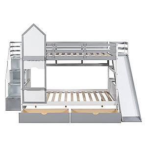 BIADNBZ Full Over Full Castle Style Bunk Bed with Slide and Stairs, Wooden Stairway BunkBed w/2 Drawers Storage and 3 Shelves for Kids Boys Girls Bedroom, Gray