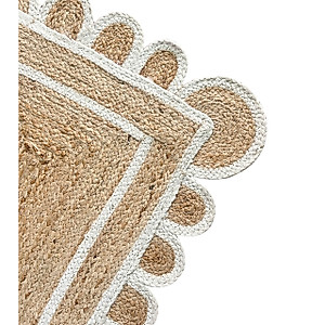 Shiv Shakti Exports White Scalloped Natural Jute Area Rug, Natural Base Off White Trim (2x3 Feet / 61x92 Cm)