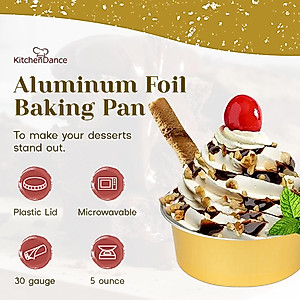 KitchenDance Disposable Colored Aluminum Foil Baking Pan with Lid - 5 Ounces Heavy Duty Baking Cups Perfect for Desserts, Creme Brulee, Flan, Mini Cakes - Pack of 100#A41 (Gold, Flat Lids)