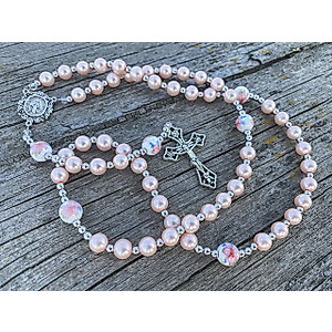 Nazareth Store Flowers Beads Rosary Necklace Crystallized Glass Pearl Beaded Rosary Miraculous Medal and Crucifix (Pink)
