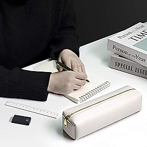 DOBMIT PU Pencil Pen Case Portable Stationery Bag Big Capacity Pencil Pouch Cosmetic Organizer Bag for Student Girl or Boy- Beige