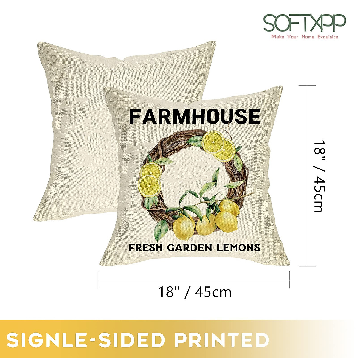Softxpp Fresh Garden Lemons Wreath Decorative Farmhouse Throw Pillow Cover, Spring Summer Cushion Case Cotton Linen, Seasonal Home Decorations Square Outside Pillowcase Decor Sign for Sofa Couch 18x18