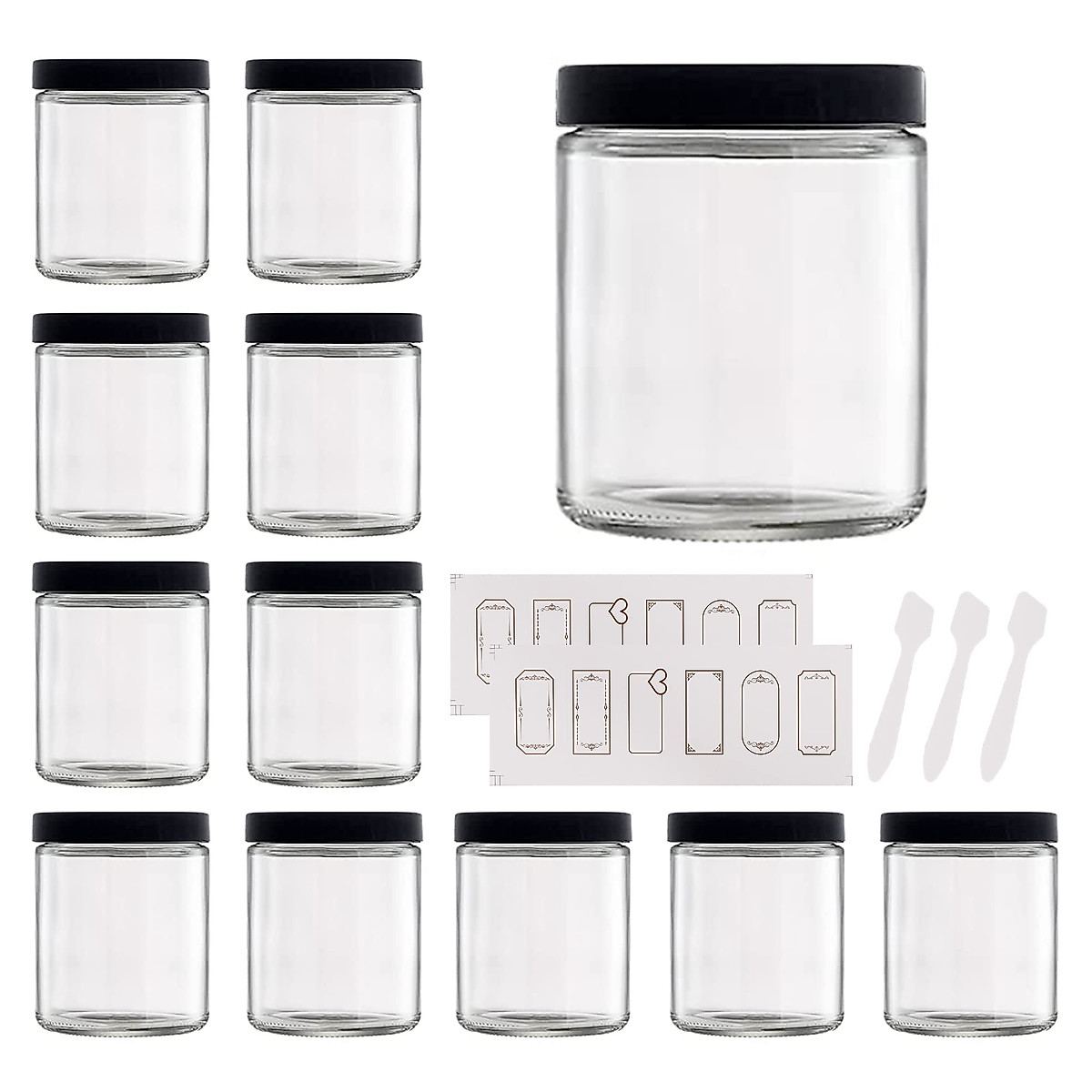 Homerove 8oz Clear Round Glass Jars with Black Lids, Empty Cosmetic Containers for Beauty Products(Set of 12 Pack and Attached with Labels and Spoons)