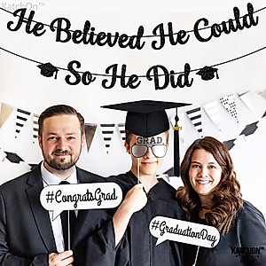 Glitter, He Believed He Could So He Did Banner - 10 Feet, No DIY | Graduation Banner Black Graduation Party Decorations 2023 | Class of 2023 Graduation Decorations for Him | Congratulations Decoration