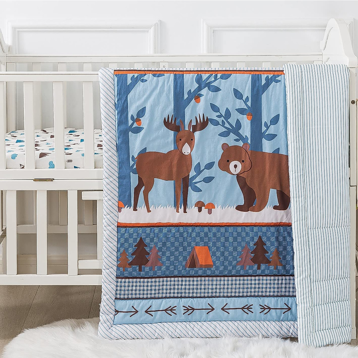 Soul & Lane 3-Piece Cotton Forest Animals Crib Bedding Set for Boys - Comforter, Crib Sheet, Changing Pad Cover: Woodland Friends Crib Bedding Set, Deer Bear Blue Nursery Quilt, Mountain Crib Sheet