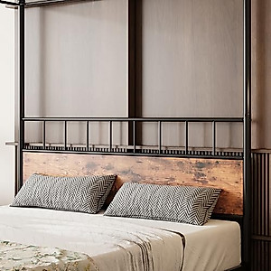 LIKIMIO Canopy Bed Frame Full with Wooden Headboard and Drawer, Full Size Bed Frame with 4 Removable Sturdy Posts, Noise Free, No Box Spring Needed, Vintage Brown