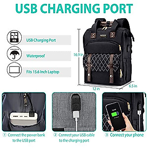 Kuosdaz Laptop Backpack for Women, 15.6 Inch Work Laptop Bag, School Backpack for Teen Girls, Wide Open Large Backpack Purse with USB Charging Port, Casual Daypacks for Travel College Business, Black