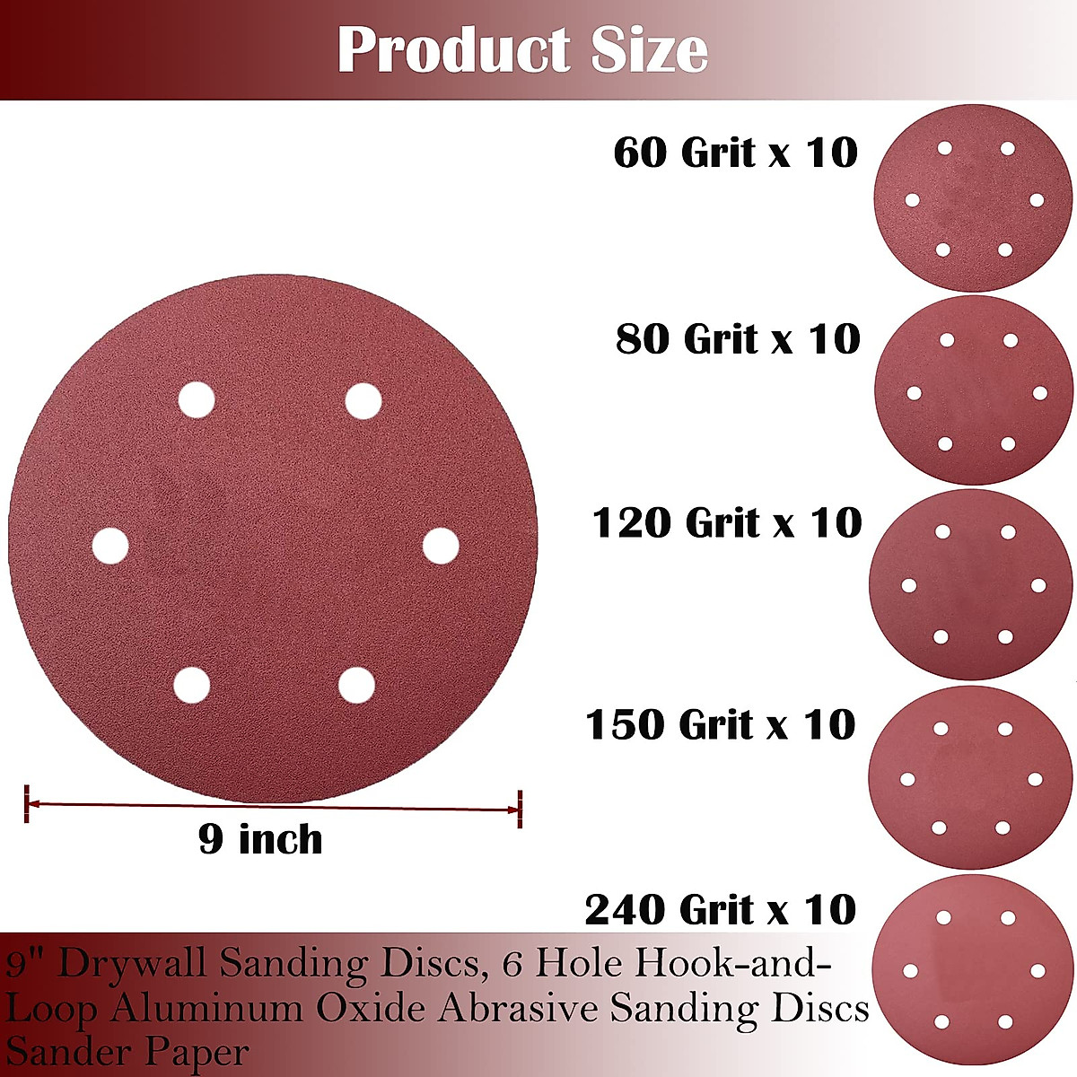 Tonmp 50 PCS 9 Inch 6 Hole Hook-and-Loop Sanding Discs for Drywall Sander -10 Each of 60 80 120 150 240 Grits Sander Paper