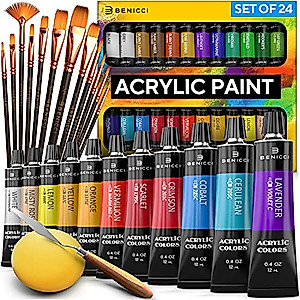 Complete Acrylic Paint Set – 24х Rich Pigment Colors – 12x Art Brushes with Bonus Paint Art Knife & Sponge – for Painting Canvas, Clay, Ceramic & Crafts, Non-Toxic & Quick Dry – for Kids & Adults