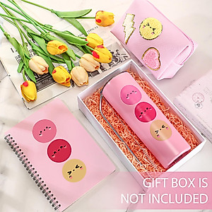 Fumete 3 Pcs Thank You Pink Gift Set Include 20 oz Preppy Stainless Steel Tumbler Preppy Notebook PU Leather Waterproof Makeup Cosmetic Bag Valentine‘s Day Graduation Back to School Gifts(Smile Face)