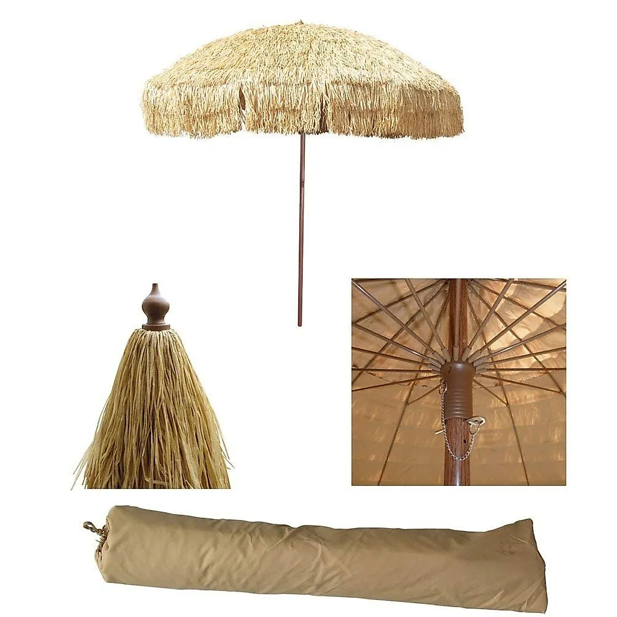 Artist Unknown 8' Wide Hawaiian Tiki Beach Umbrella with Fiberglass Rib & Aluminum Pole, Natural, Adult