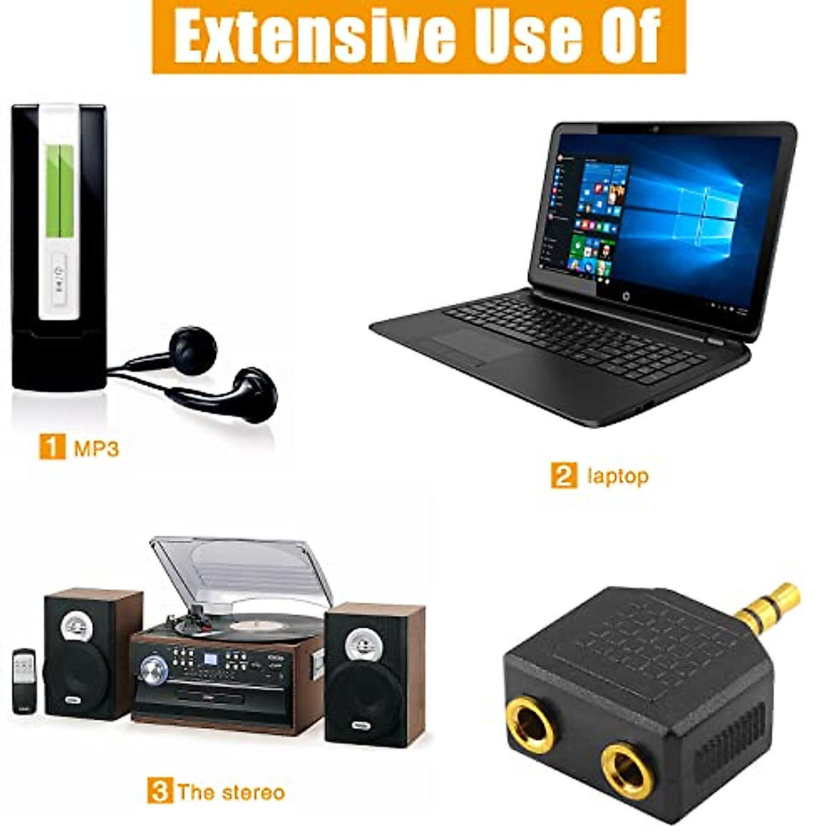 Eilumduo 3.5mm Headphone Y Splitter, 2 Pcs Gold Plated Male to Dual Female Audio Stereo Jacks, Black Adapter Converter for Media Players, Audio Devices