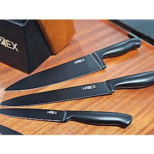 HZEX Premium Kitchen Knife Set, 13-Piece Knives Set in Block, Built-in Sharpener, High Carbon Stainless Steel Knives in Matte Black, Durable Chef's Butcher Steak Paring Utility Bread Knifes