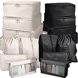 16 Set Packing Cubes Luggage Organizer Bags Travel Suitcases Organizers Luggage Cubes with Toiletry Bag and Shoes Bag (Black, Beige)