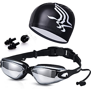 4 in 1 Swimming Kit | Goggles - Cap - Earplugs - Nose clip | Comfortable Adjustable Anti Fog UV Protected lenses | For Adults or Kids Men or Women | No Leaking | Swim Pool Sea Gift Pack | Black
