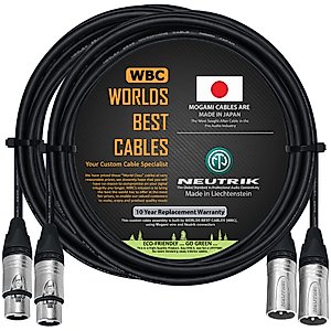 WORLDS BEST CABLES 2 Units - 15 Foot - Balanced Microphone Cable Custom Made Using Mogami 2549 (Black) Wire and Neutrik NC3MXX & NC3FXX Silver XLR Plugs