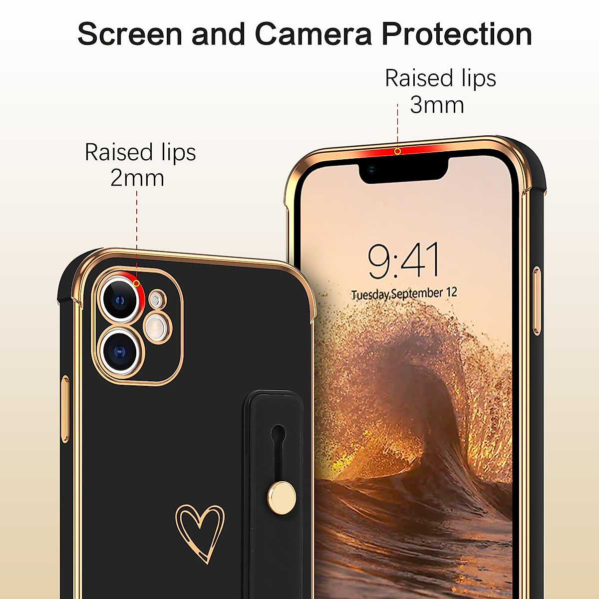 BENTOBEN for iPhone 12 Mini Case, Cute Heart Adjustable Strap Wristband Kickstand Holder Shockproof Protective Soft TPU Luxury Plating Raised Trim Girls Women Phone Case for iPhone 12 Mini, Black