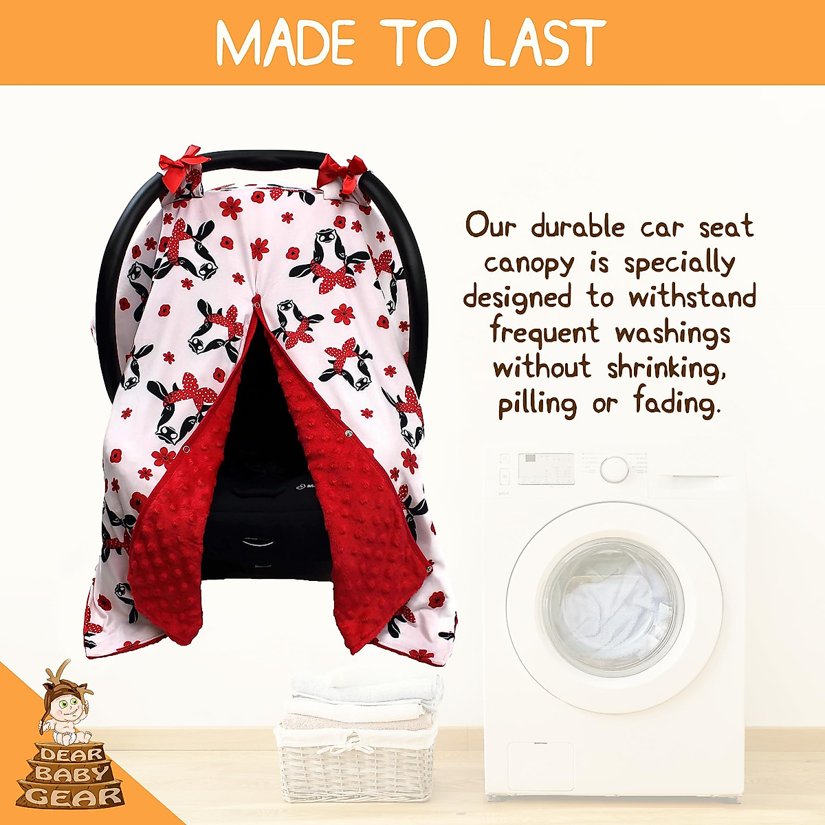 Dear Baby Gear Carseat Canopy - Car Seat Cover with Snap Opening for Girls and Boys - Infant Car Chair Canopies - Floral & Farm Prints - Nursing Covers 39" x 32" (Heifer Cow and Red Flowers, Red)