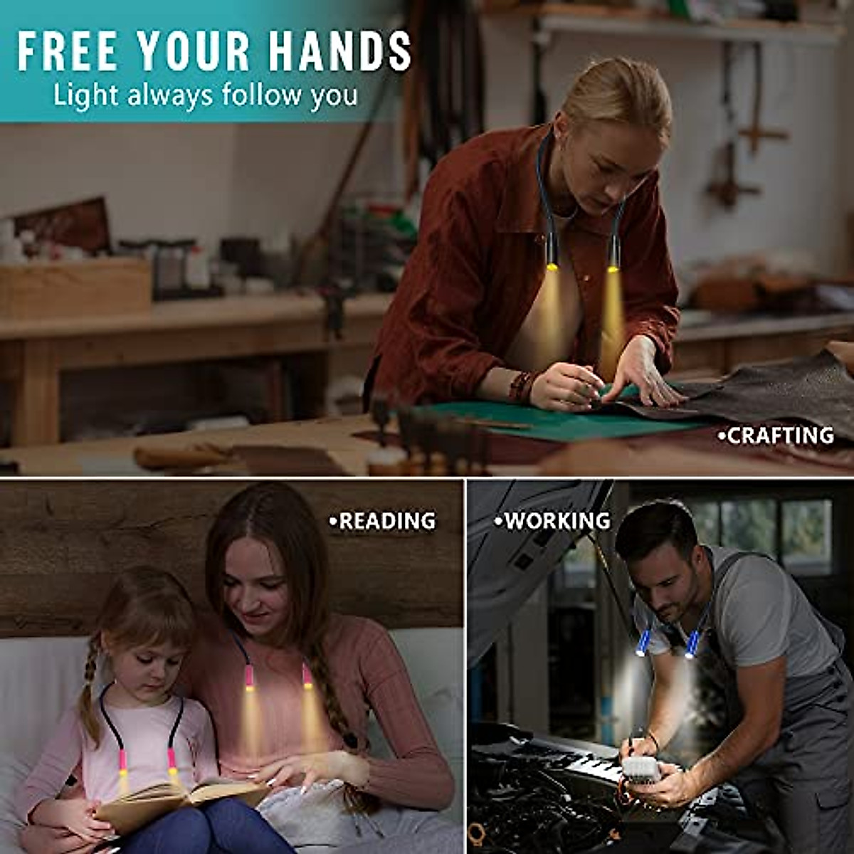 Vekkia Lightweight Neck Reading Light, Book Light for Reading in Bed, Neck Light for Knitting,3 Colors,9 Brightness,Rechargeable,Hand Free,Portable,Long Lasting,Suitable for Crocheting,Sewing,Craft